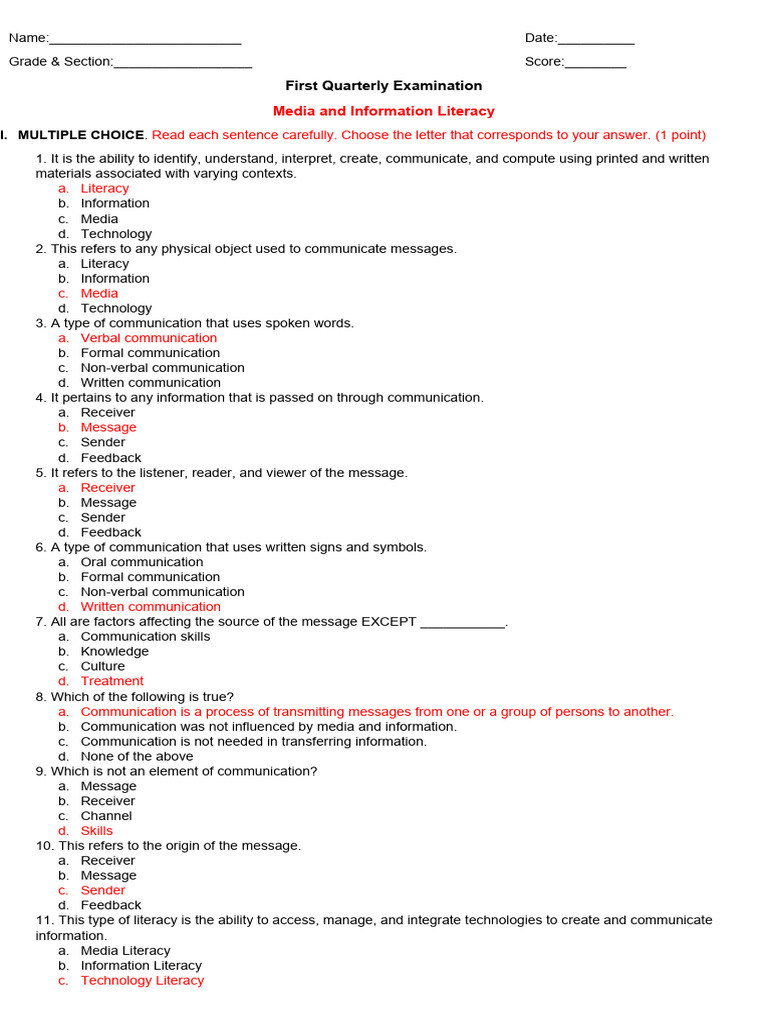 Media and Information Literacy Exam | PDF | Communication | Information