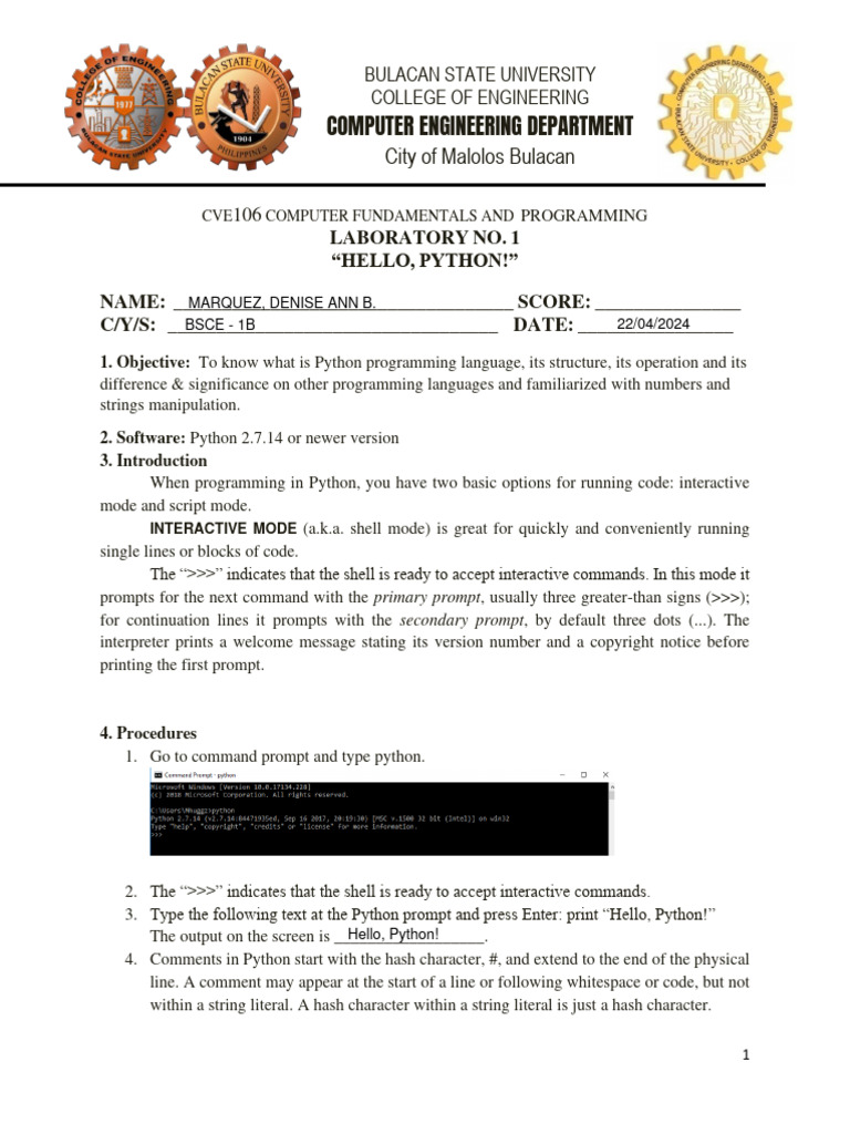 Laboratory No. 1_PYTHON | PDF | Computer Programming | Computing