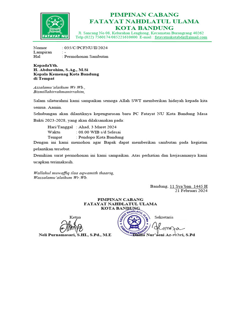 Permohonan Sambutan Ke Kepala Kemenag | PDF