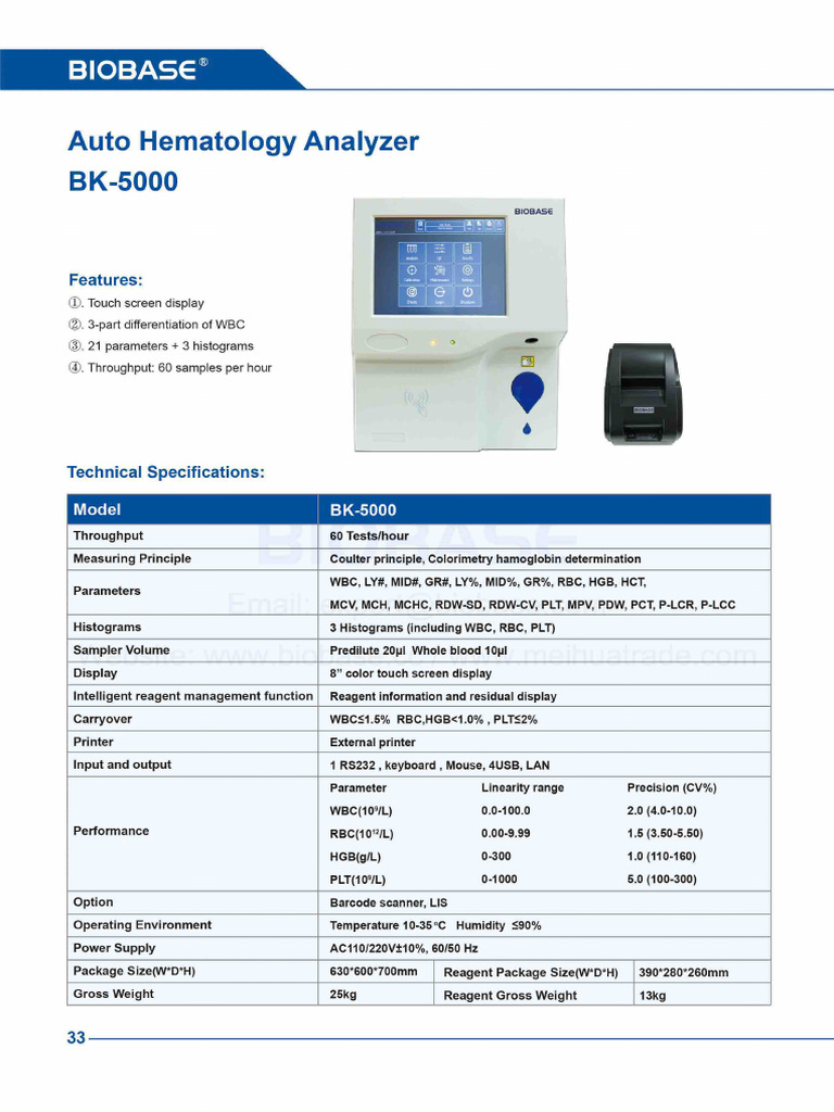 Biobase BK-5000 Auto Hematology Analyzer | PDF