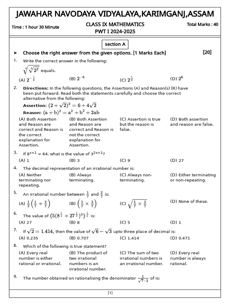 Math Ix Pwt-I 2024-25 | PDF | Triangle | Area