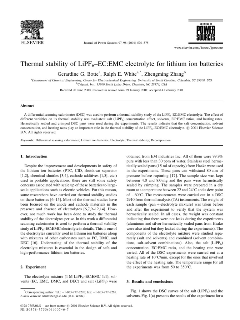 Thermal Stability of LiPF6-EC EMC Electrolyte For LIB | PDF | Lithium ...