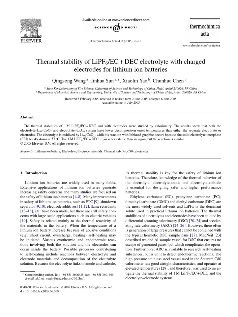 Thermal Stability of Lipf6-Ecdec Electrolyte With Charged Electrodes ...