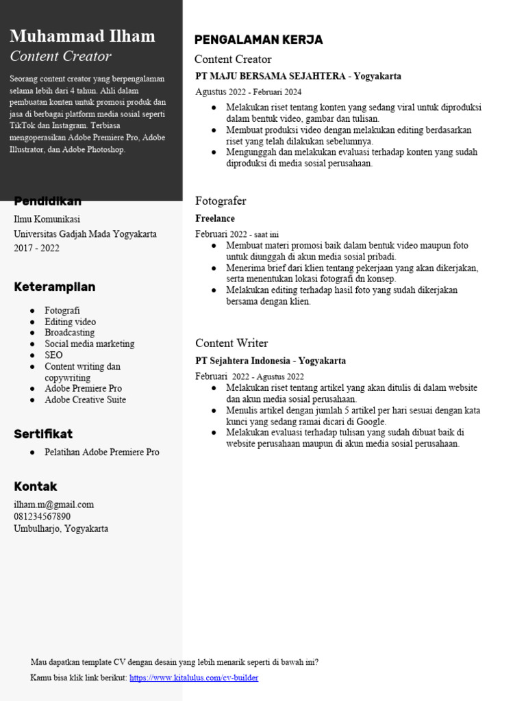 Contoh CV Content Creator Bahasa Indonesia | PDF | Karier & Perkembangan | Seni
