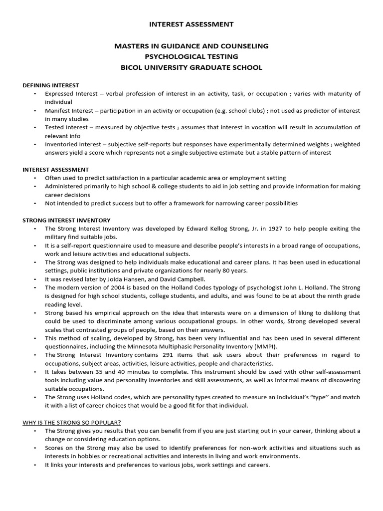 Notes in Psychological Testing - Interest Assessment - Masters in ...