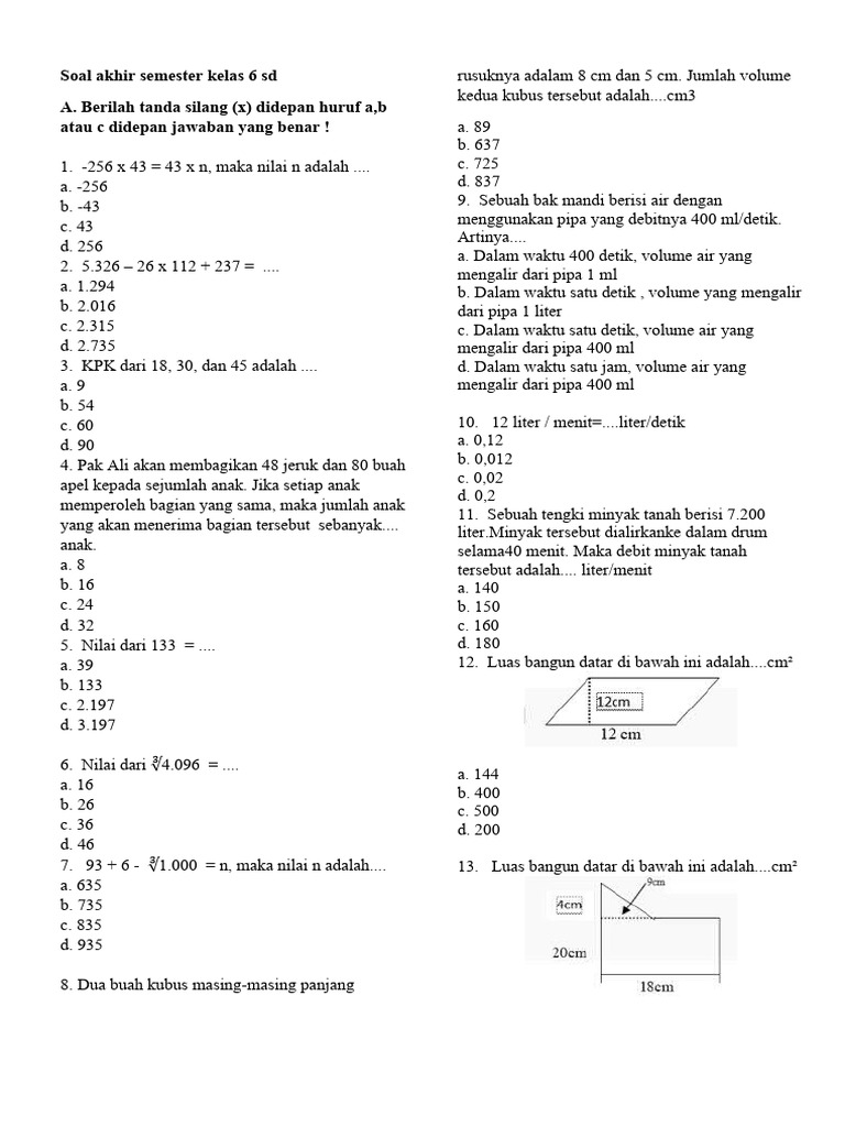Soal UAS MTK KELAS 6 SD | PDF