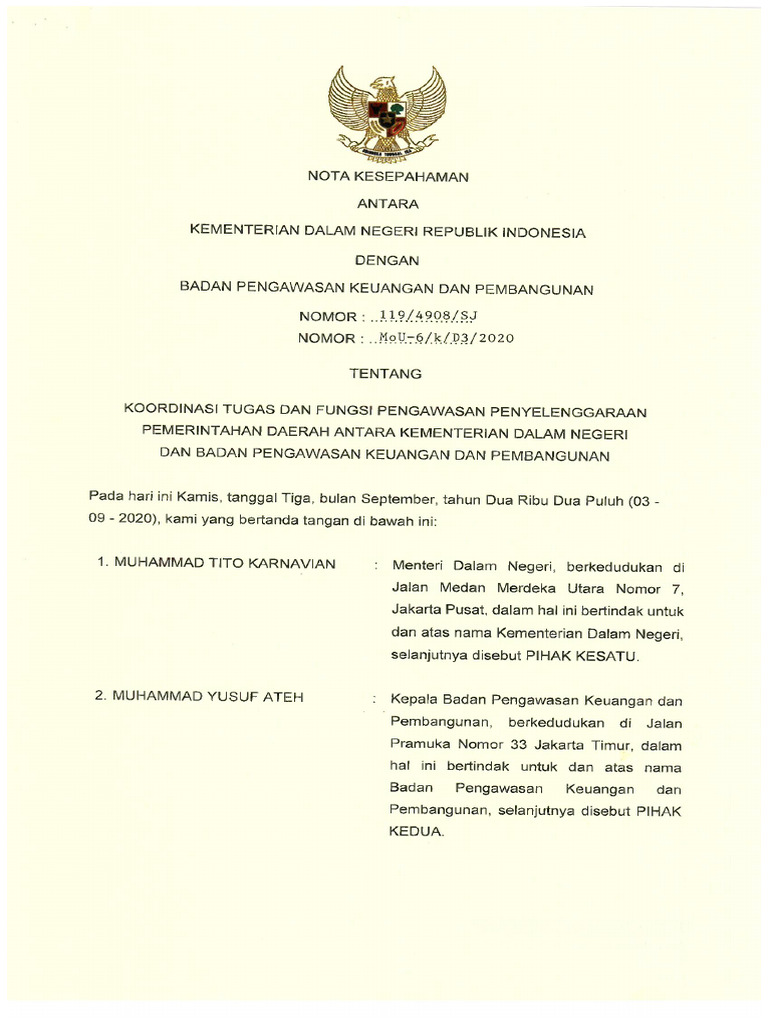 Memorandum of Understanding Tahun 2020 MoU Kemendagri | PDF