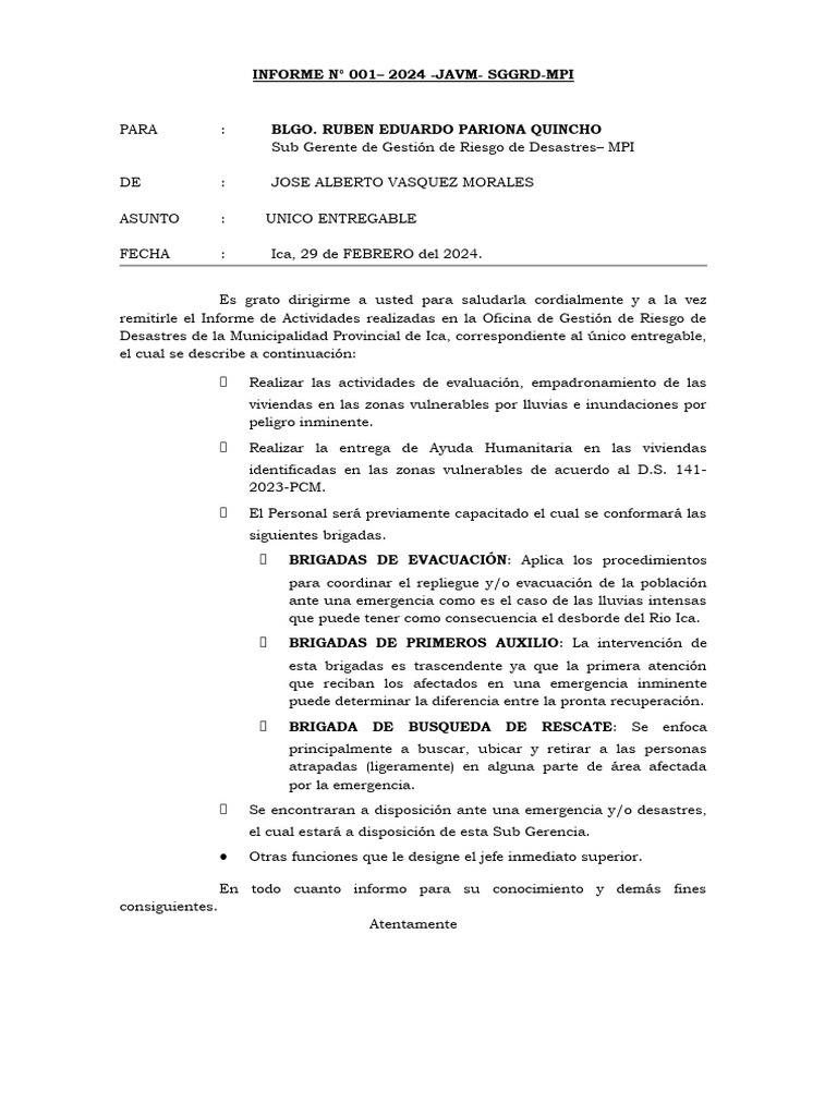 Informe de Actividades | PDF | Desastres
