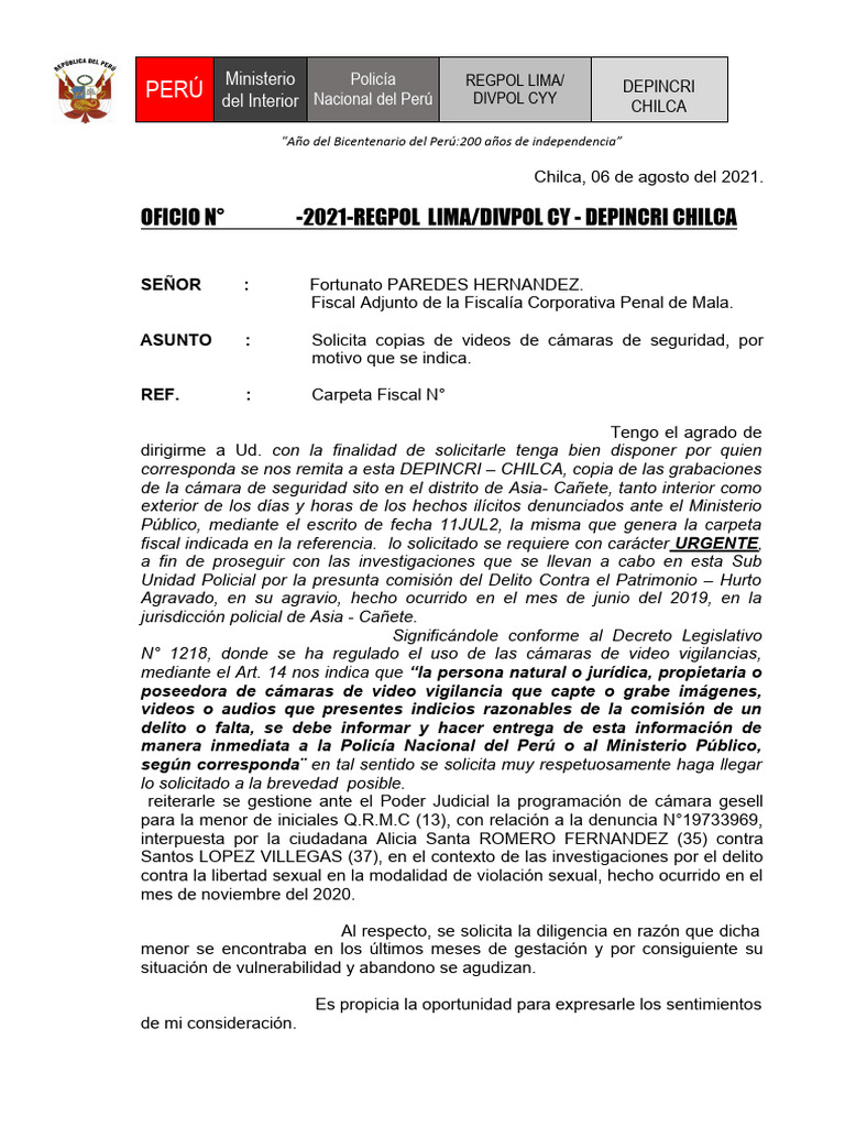 Oficio #-2021 - Regpol Lima/Divpol Cy - Depincri Chilca | PDF | Perú | Fiscal