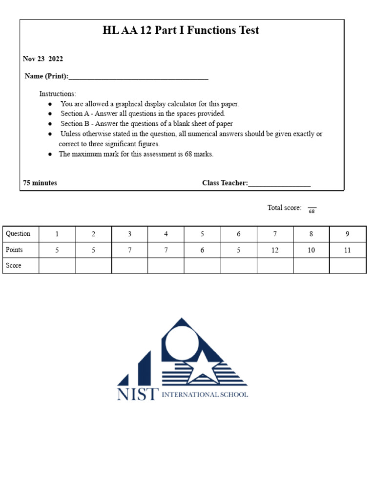 HLAA Year 12 Part I Functions Test Nov 2022 Answer Keys | PDF ...