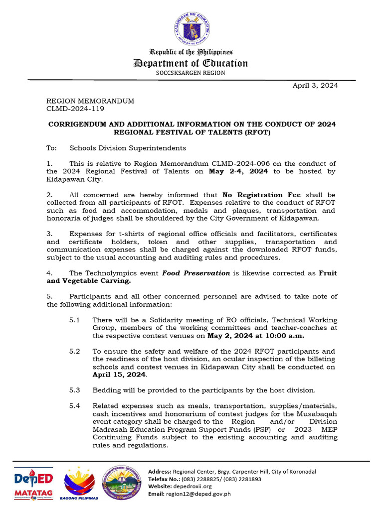 Region Memorandum CLMD-2024-119 CORRIGENDUM AND ADDITIONAL INFORMATION ...