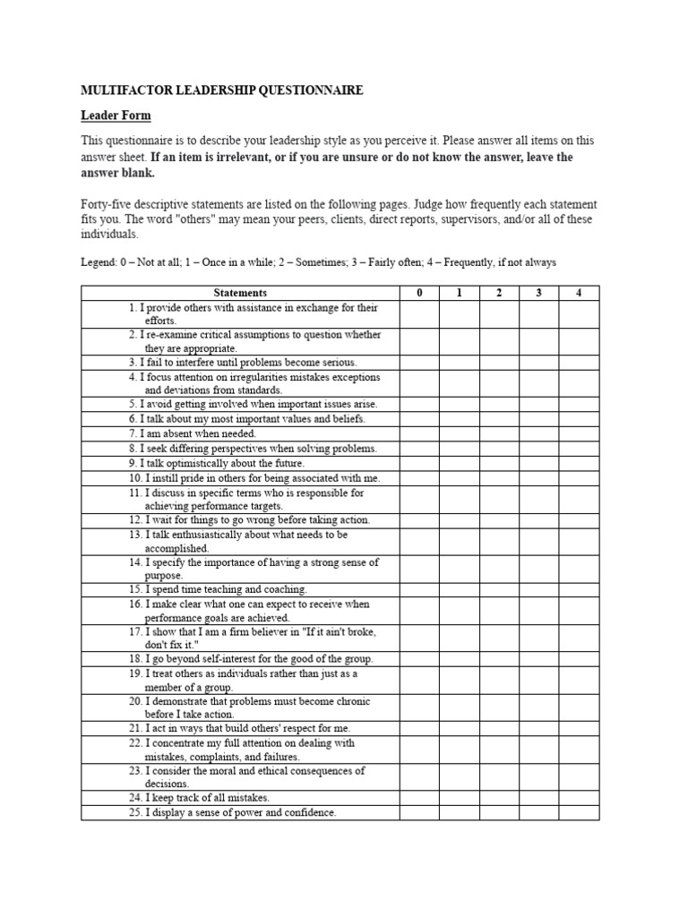 Multifactor Leadership Questionnaire Guide | PDF | Leadership | Applied Psychology
