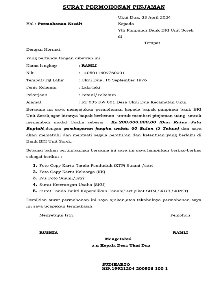 Surat Permohonan Pinjaman BRI | PDF