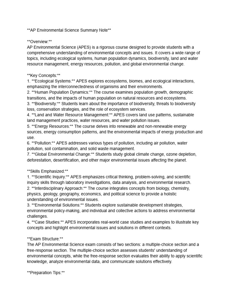 AP Environmental Science Summary Note | PDF | Ecosystem | Environmental ...