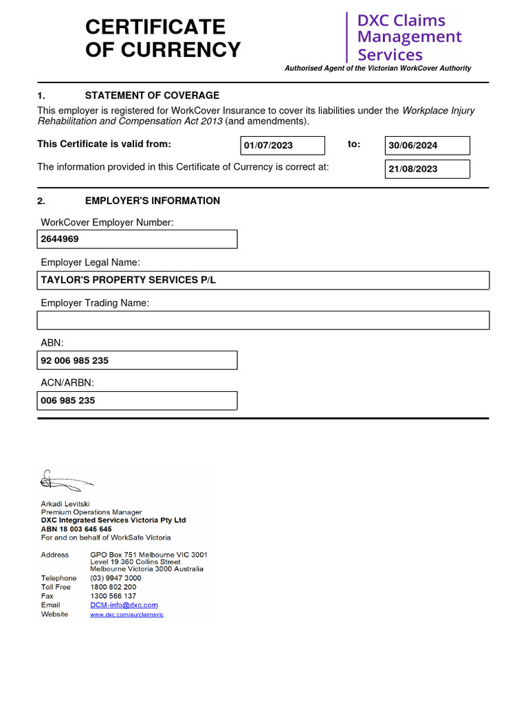 WorkCover Insurance Certificate of Currency 21 Aug 2023 | PDF