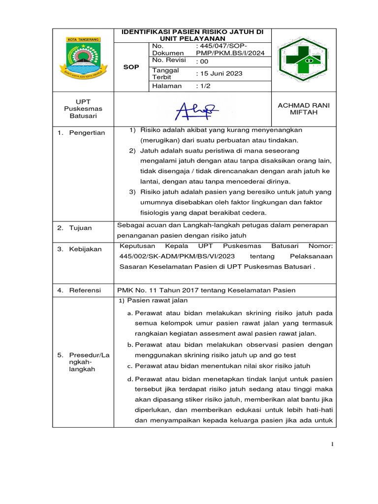 Sop Identifikasi Pasien Risiko Jatuh | PDF