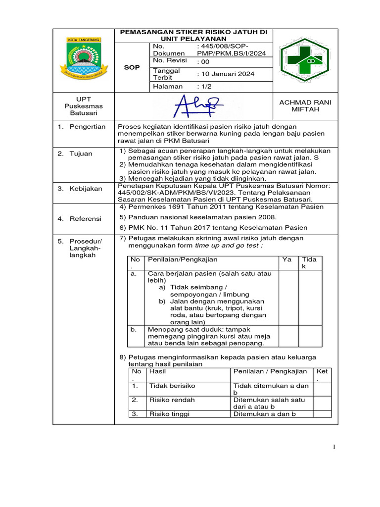 Sop Pemasangan Stiker Resiko Jatuh. | PDF