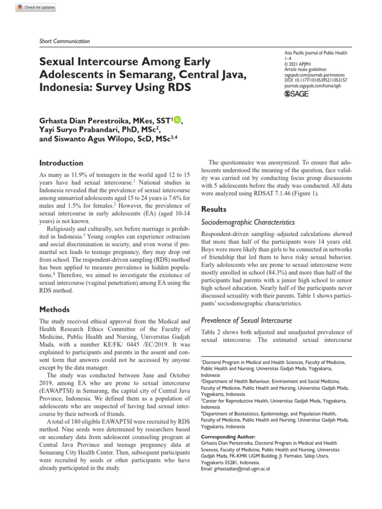 Sexual Intercourse Among Early Adolescents in Semarang, Central Java, Indonesia - Survey Using ...