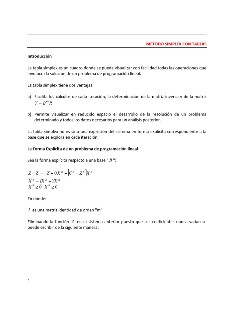 Método Simplex Con Tablas | Descargar gratis PDF | Matriz (Matemáticas) | Conceptos matemáticos