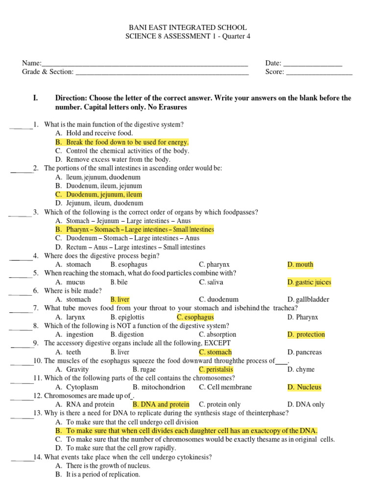 Grade 8 Assessment - 1 4th - MAYSAGOTNA | PDF | Cell (Biology) | Human ...