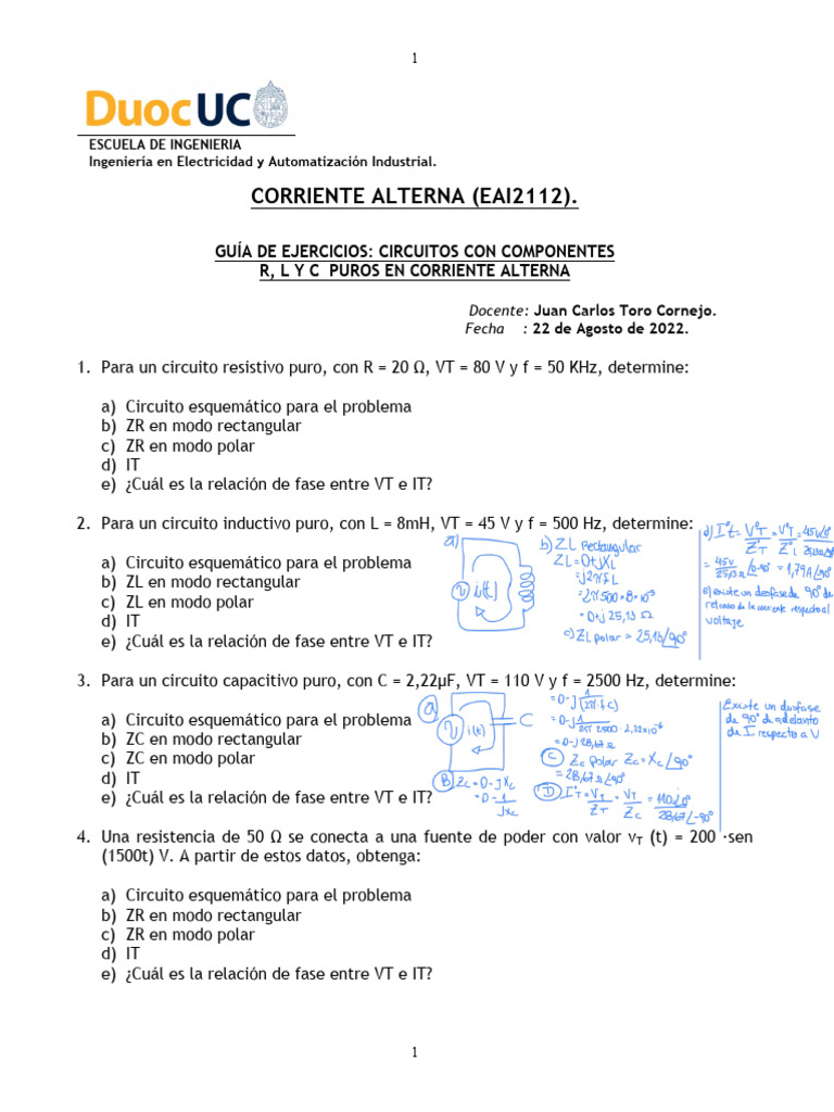 Guía de Ejercicios 2 Ctos Puros R L y C en CA 3 | PDF | Red eléctrica | Ingenieria Eléctrica