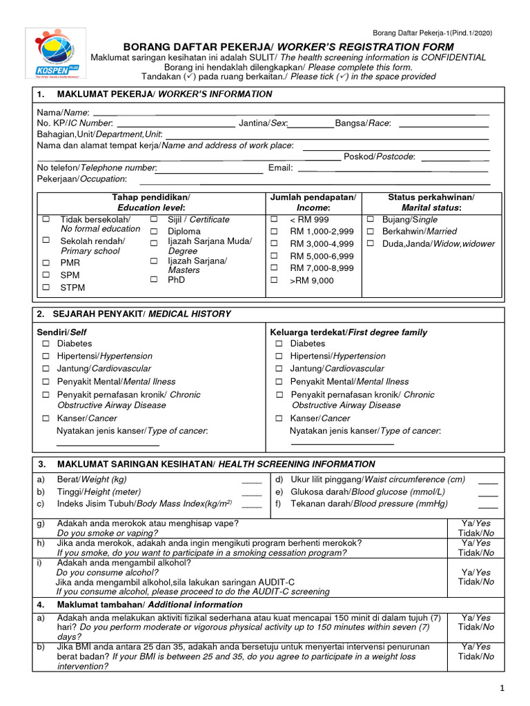 Borang Daftar Pekerja Program KOSPEN Plus Pind.1-3 2020 | PDF ...