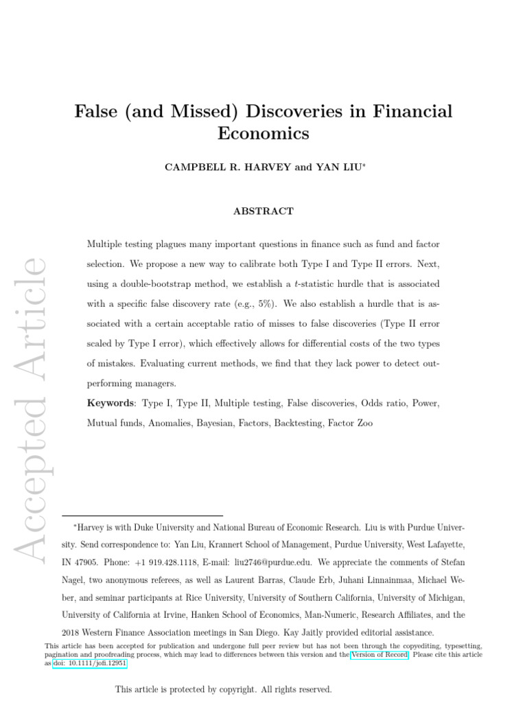 10 1111@jofi 12951 | PDF | Statistical Hypothesis Testing | Type I And ...