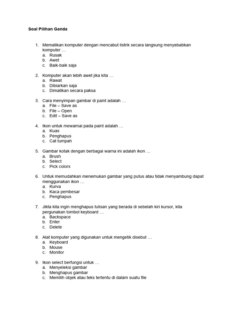 Soal PAT TIK Kelas 2 SD (A) | PDF | Game & Aktivitas | Seni