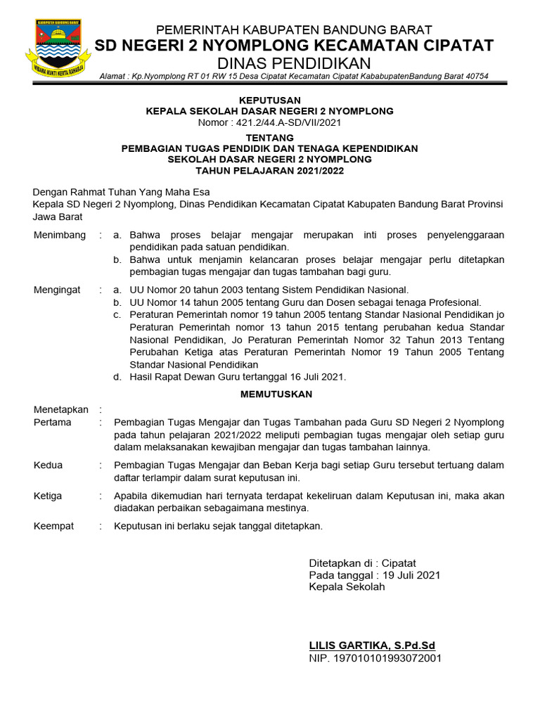 SK Pembagian Tugas 2021-2022 | PDF