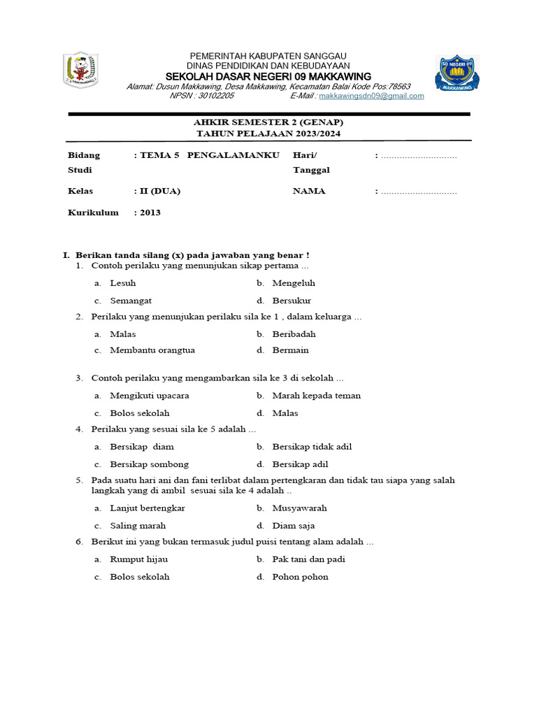 Soal Pas Sems 2 Tema 5 Oke Kelas 2 | PDF