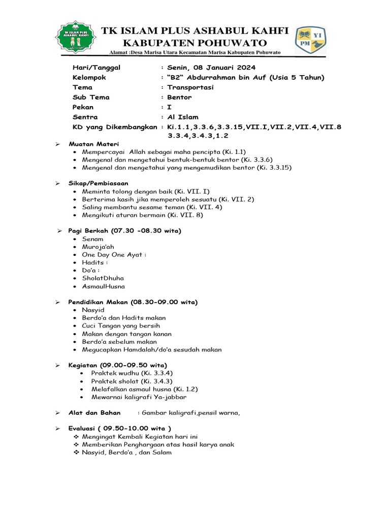 RPP Transportasi untuk Anak TK | PDF