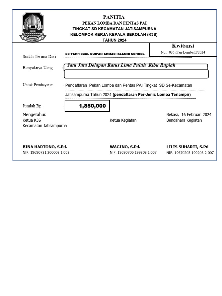 Kwitansi Lomba Pentas Pai Sdtq Ais 2024 | PDF
