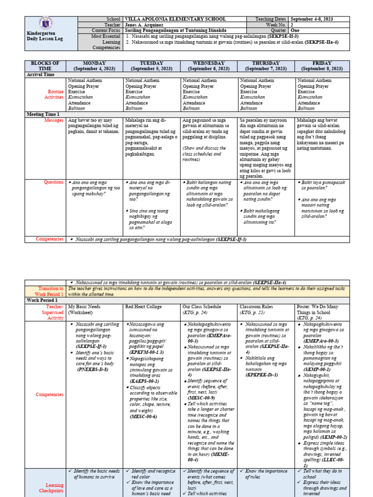 Kindergarten-DLL-MELC-Q1-Week 2 | PDF | Question | Learning