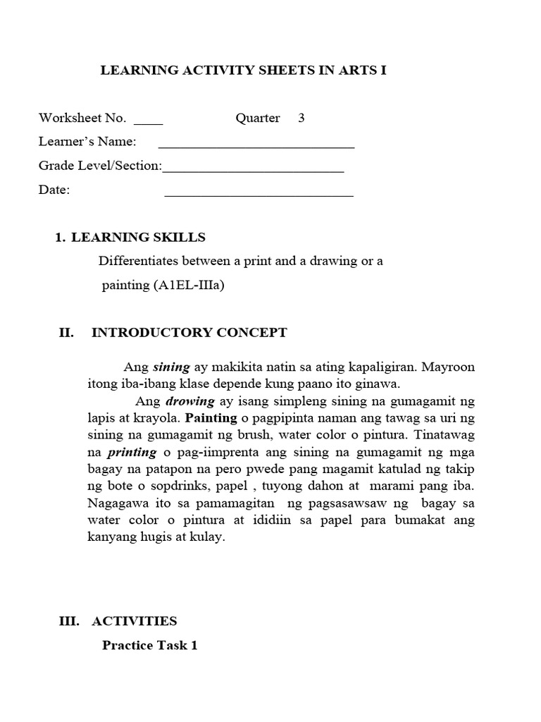 LEARNING ACTIVITY SHEETS IN ARTS I-Tagalog | PDF