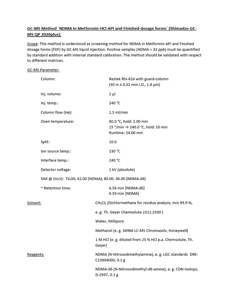 LGL Method - GC-MS Method For The Determination of NDMA in Metformin Drug Substances and Drug ...