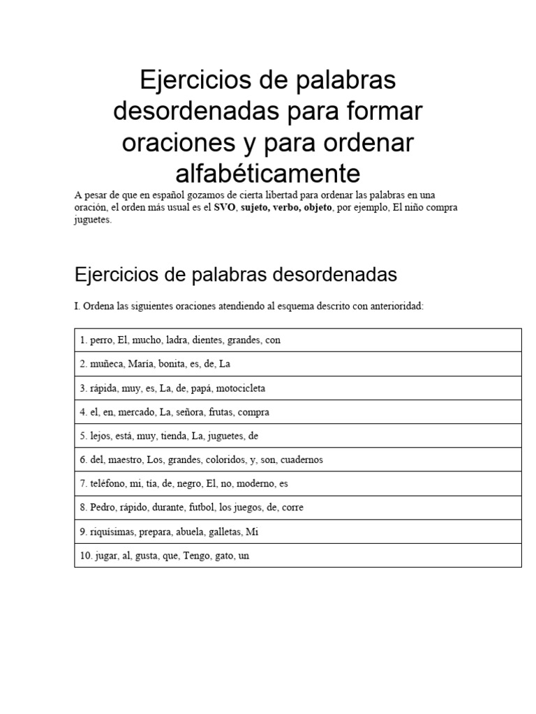 Hojas De Trabajo Sobre El Orden De Las Palabras En Oraciones