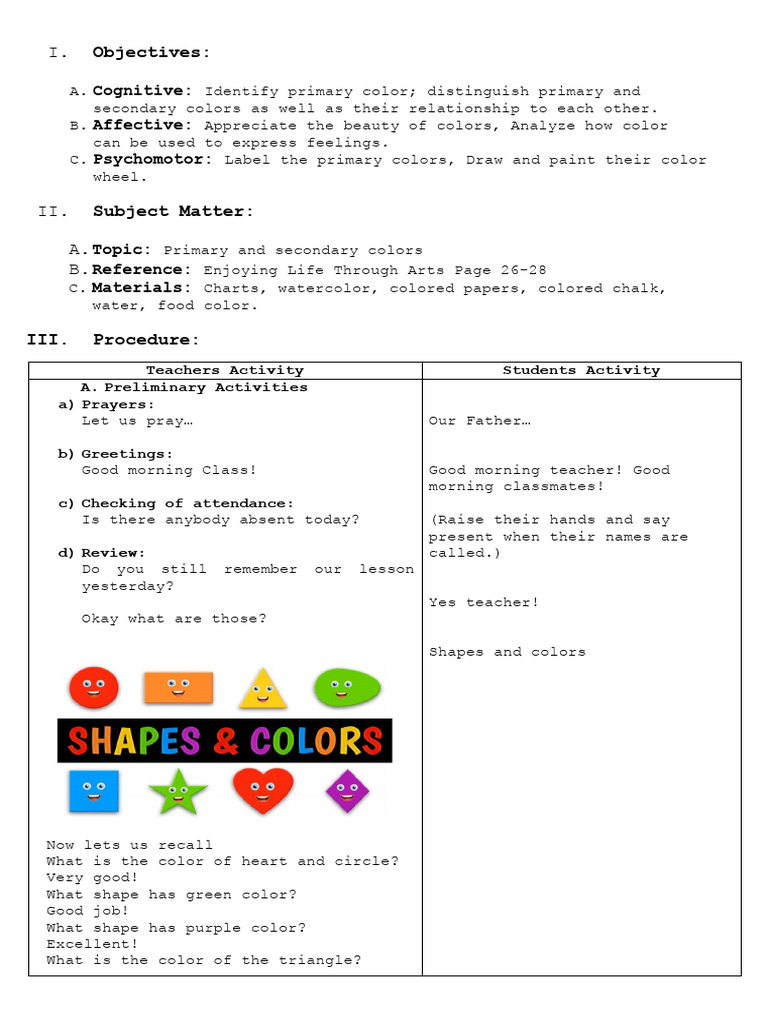 Detailed Lesson Plan Primary Colors Semis | PDF | Color | Red