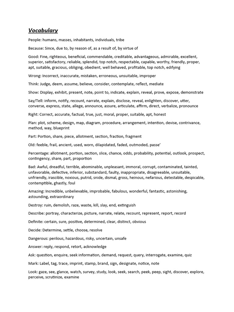 Synonyms Vocabulary List | PDF