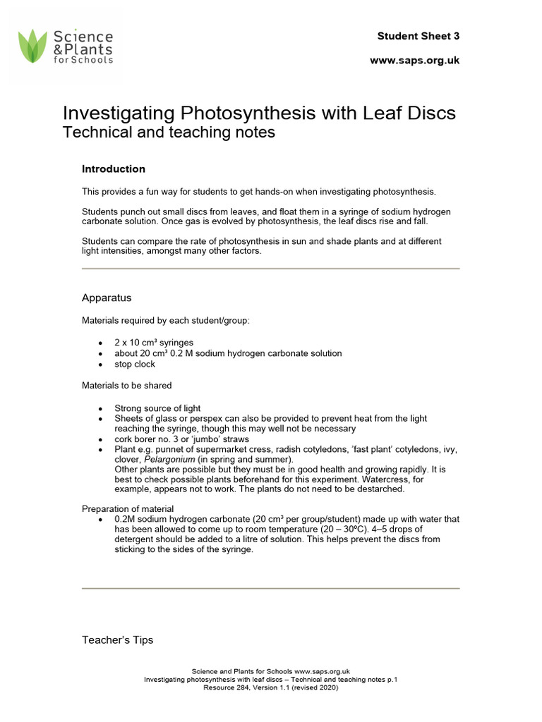 SAPS Sheet 3 Investigating Photosynthesis With Leaf Discs Teaching ...