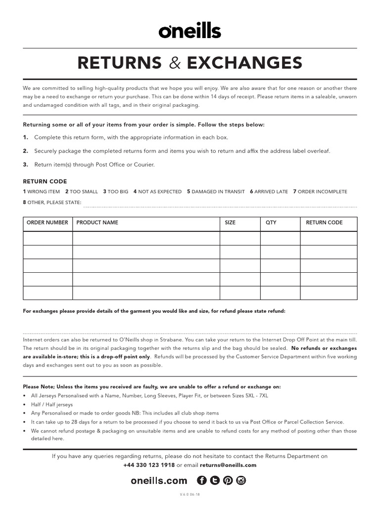 O'Neills Returns Policy and Process | PDF