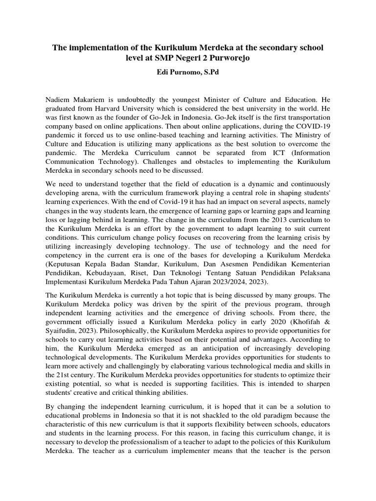 Edi Purnomo - The Implementation of The Kurikulum Merdeka at The Secondary School Level at SMP ...