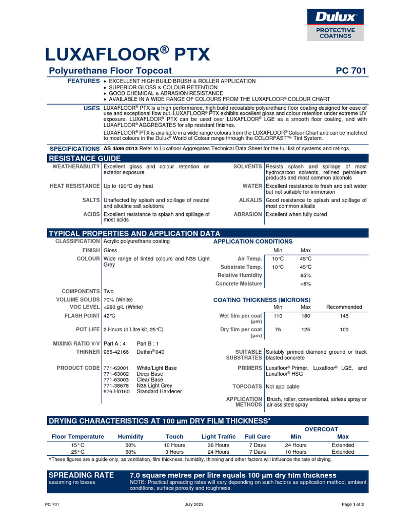 Dulux PC Datasheet Luxafloor PTX July 2023 | PDF | Polyurethane ...