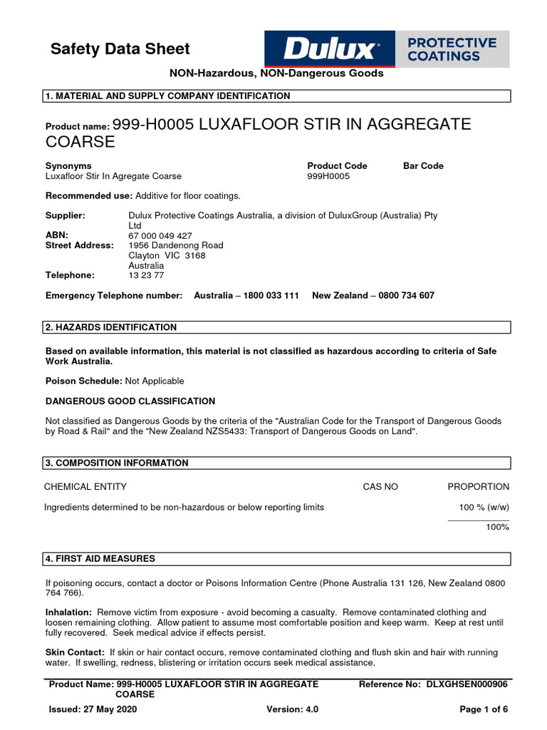 999-H0005 Luxafloor Stir in Aggregate Coarse-Aus GHS | PDF | Toxicity ...