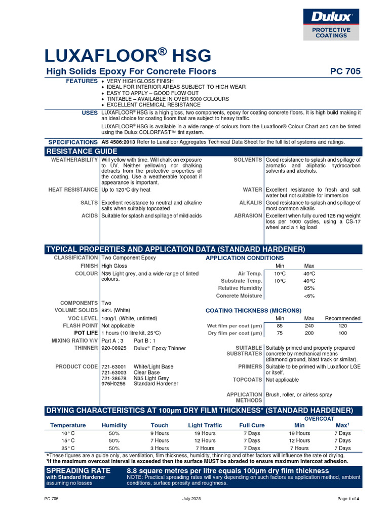 Dulux PC Datasheet Luxafloor HSG July-2023 | PDF | Epoxy | Chemistry