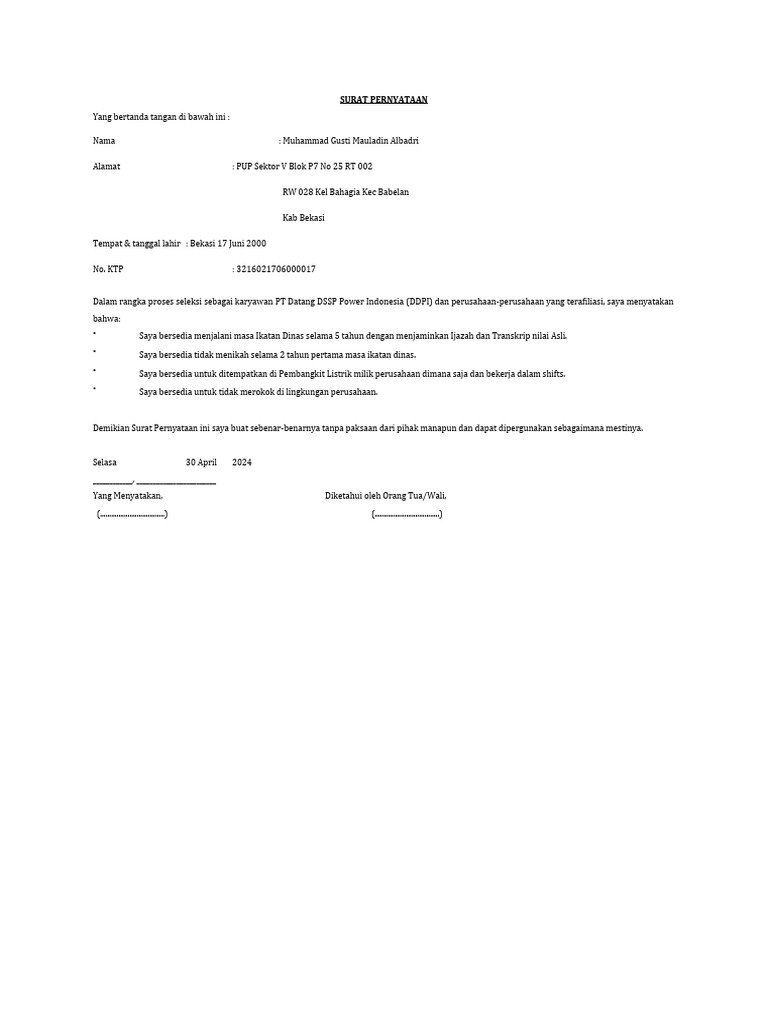 Surat Pernyataan (Consent Form) EDP DDPI | PDF