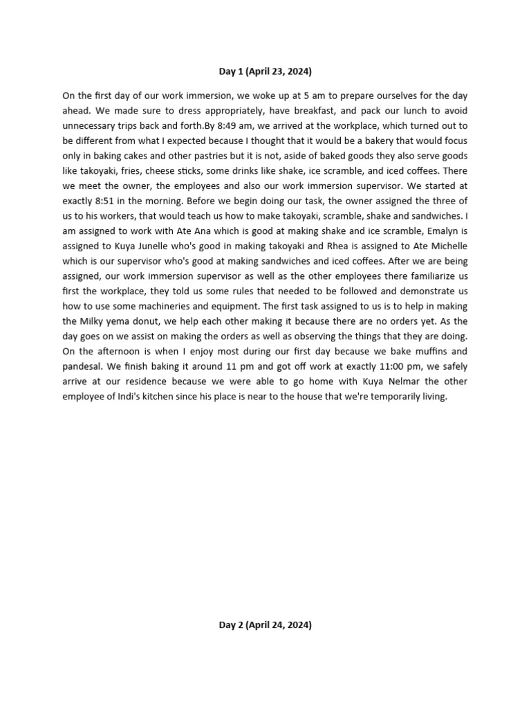 Work immersion diary | PDF | Cuisine | Foods