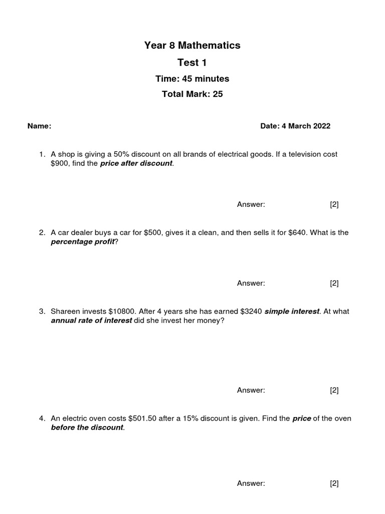 year-8-maths-term-2-of-2022-test-1 | PDF | Interest | Discounting