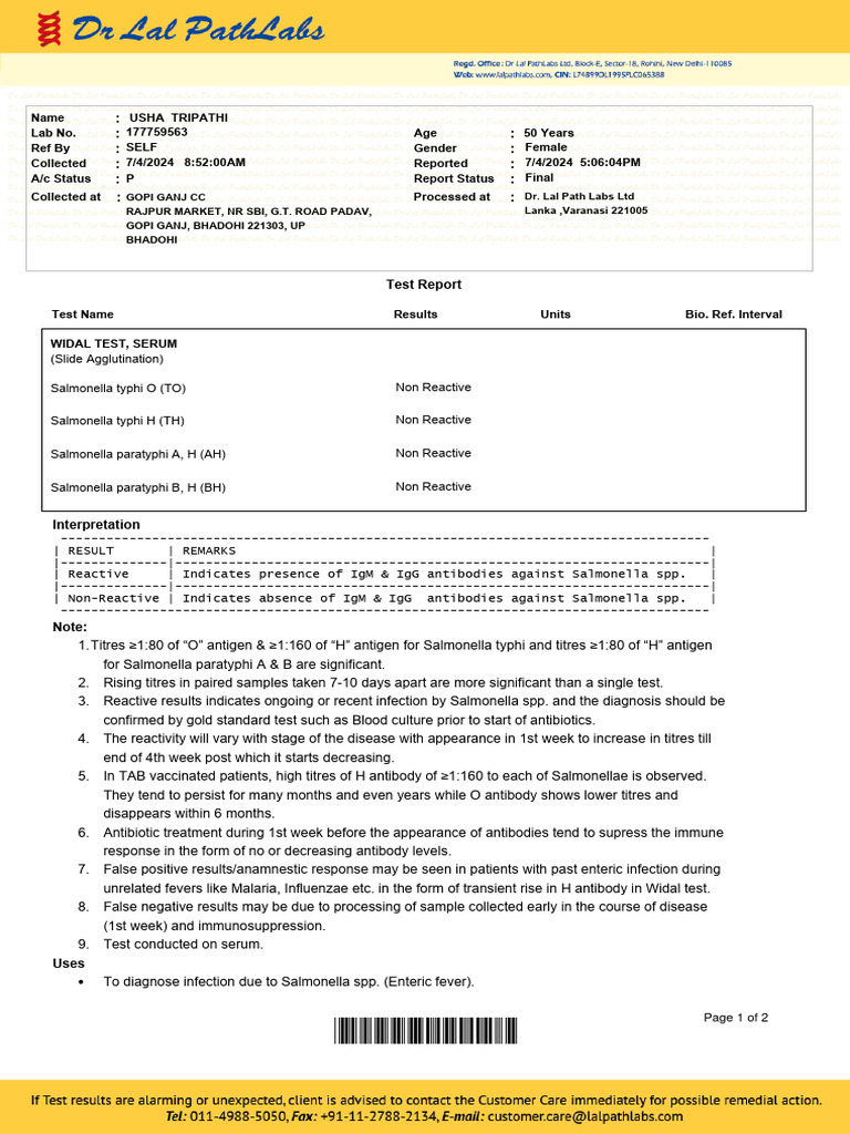 Widal Test Report - Non Reactive Results | PDF | Medical Specialties ...