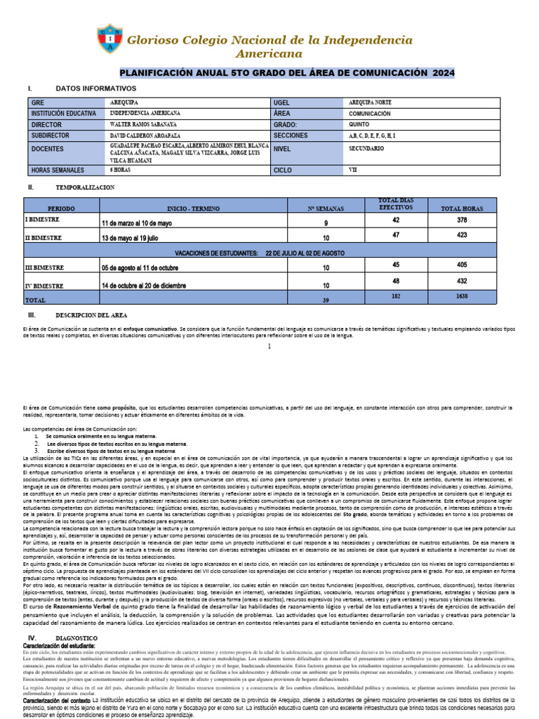 Programacion Anual Ok-5to - 2024-Ghpe | PDF | Aprendizaje | Cognición