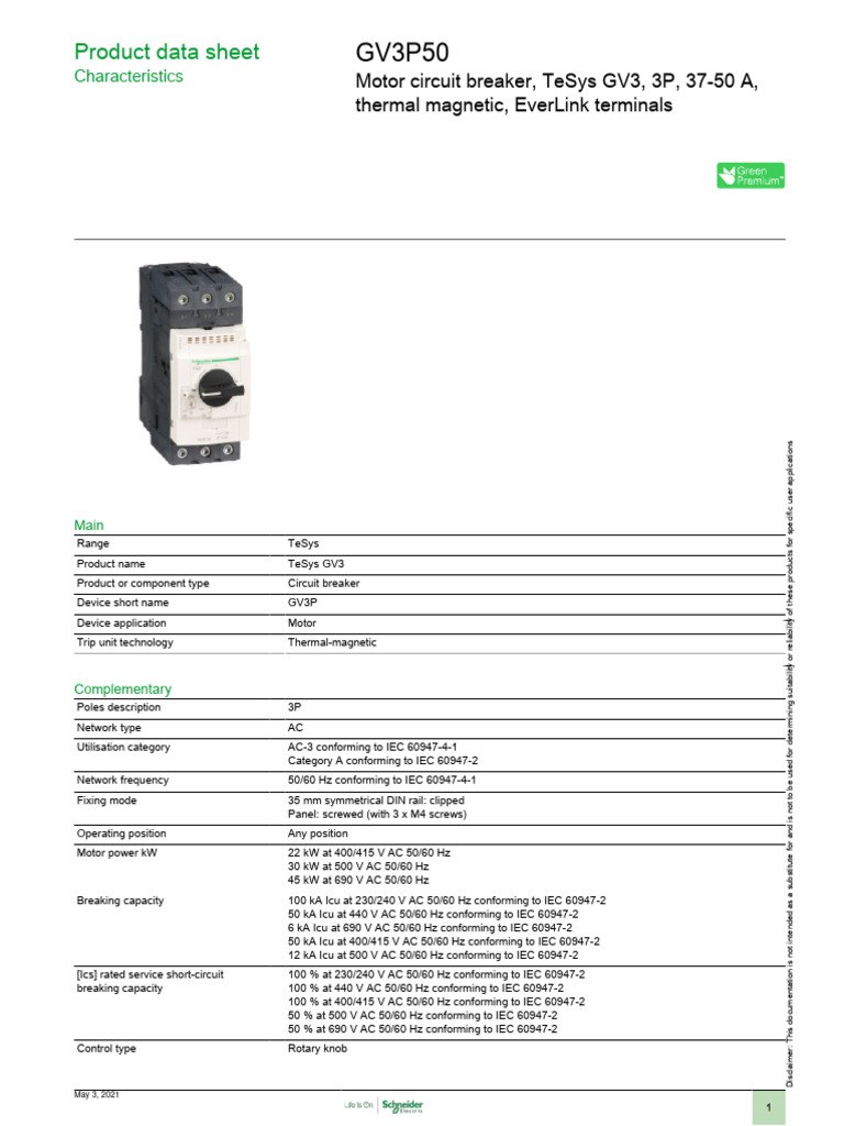 TeSys GV3_GV3P50 | PDF | Alternating Current | Electric Motor